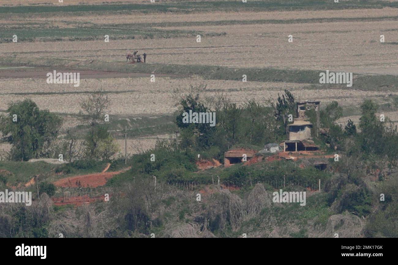 A North Korean military guard post is seen from the unification ...