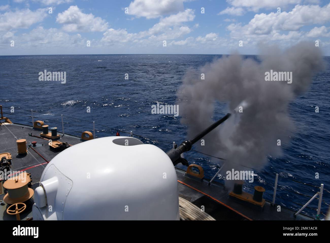 USCGC Mohawk (WMEC 913) conducts a MK-75 gun exercise while underway in ...