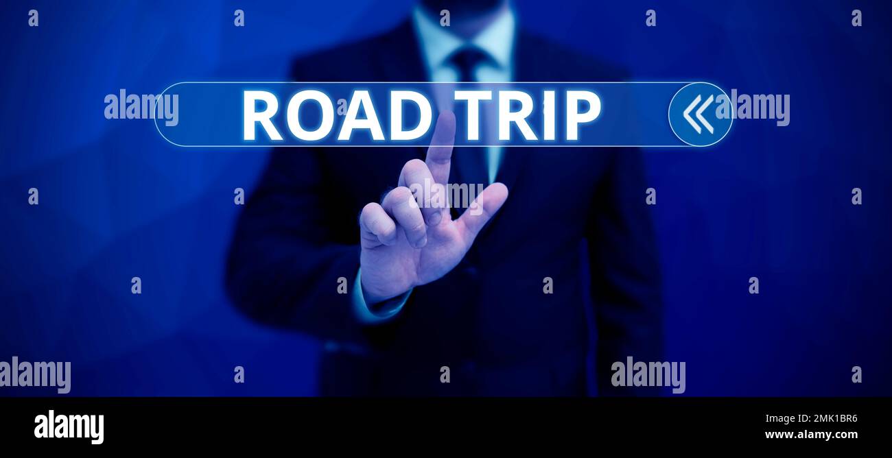 Hand writing sign Road Trip. Business idea Roaming around places with ...