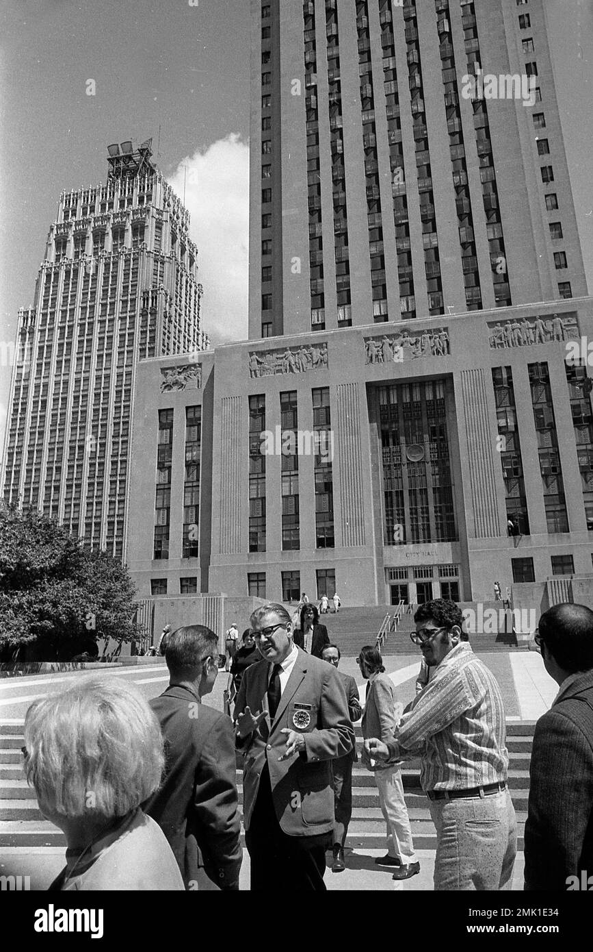 Dallas street with tall buildings and passerbys, Texas, USA, 1972 Stock ...