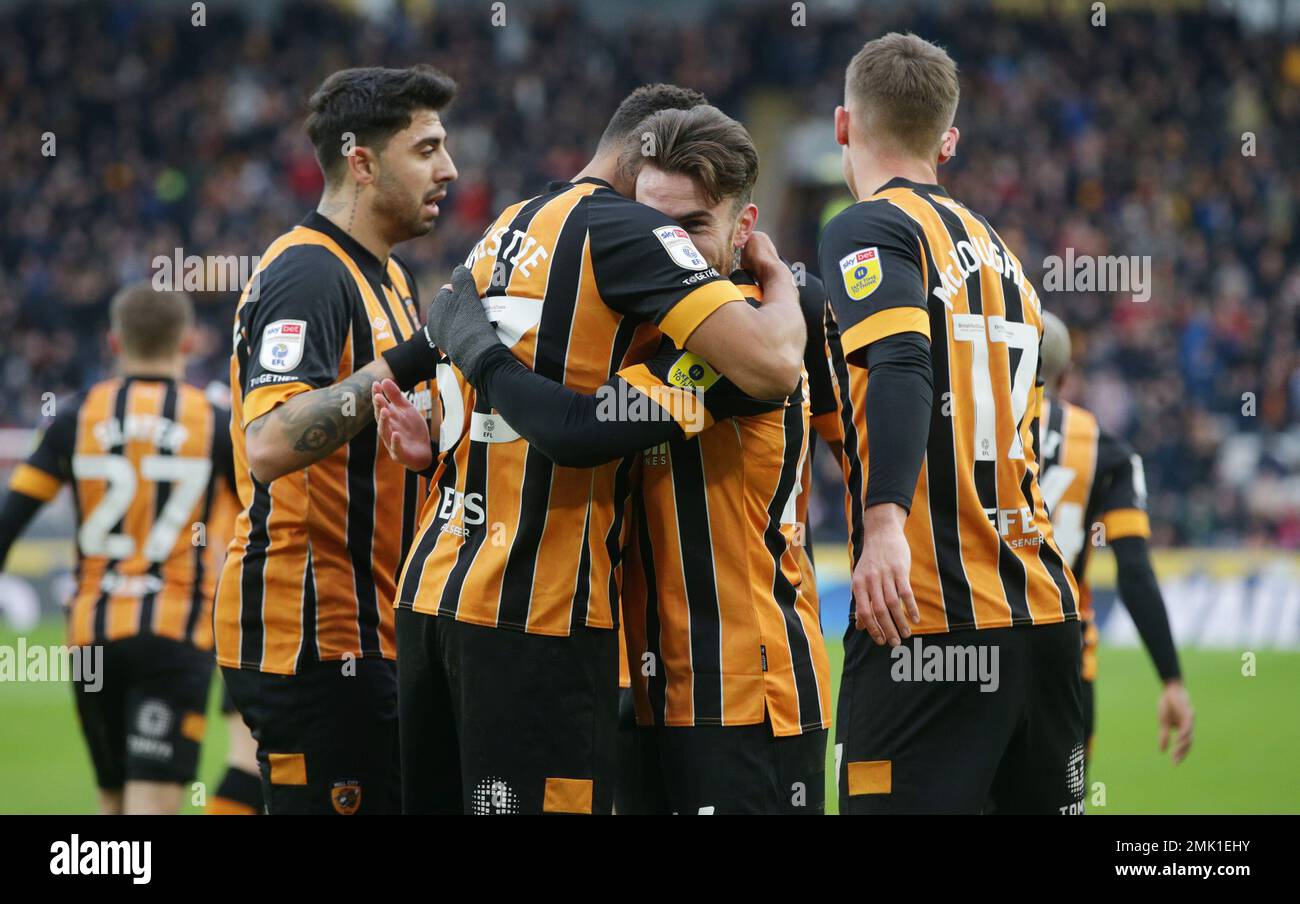 Hull City's Aaron Connolly celebrates scoring their side's first goal ...