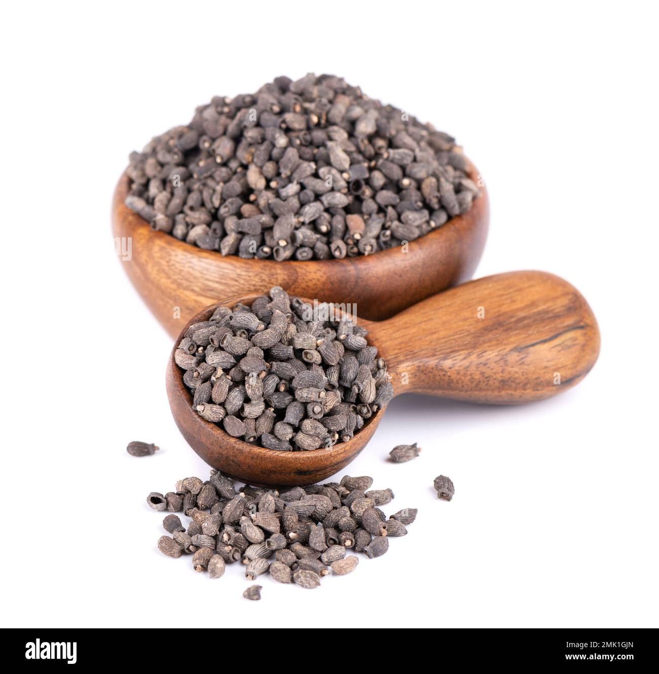 Borage seeds in wooden bowl, isolated on a white background. Borago ...