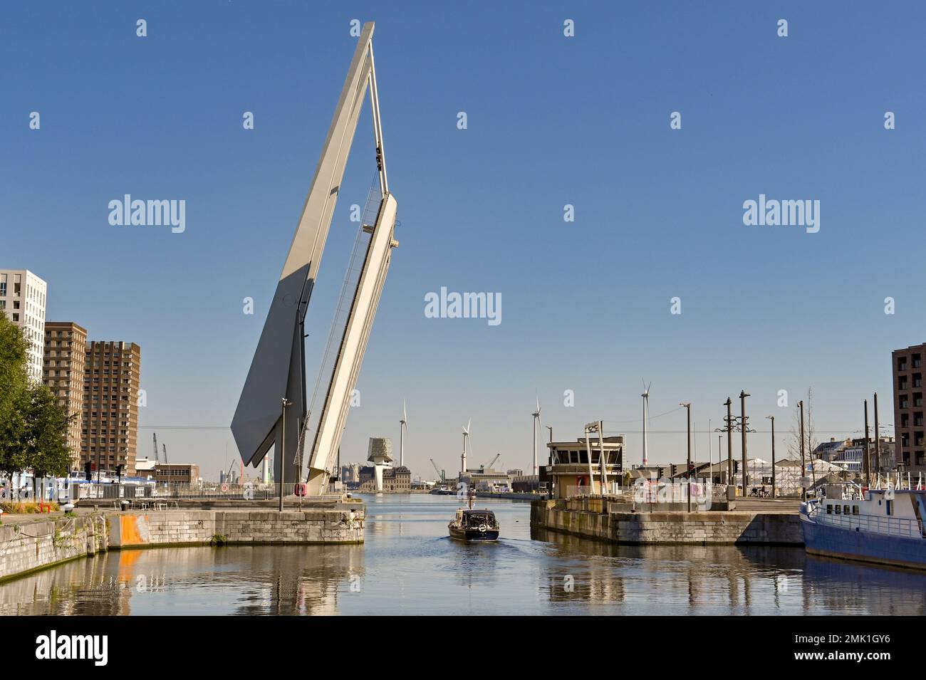Antwerp, Belgium - August 2022: Road bridge being raaised to allow a ...