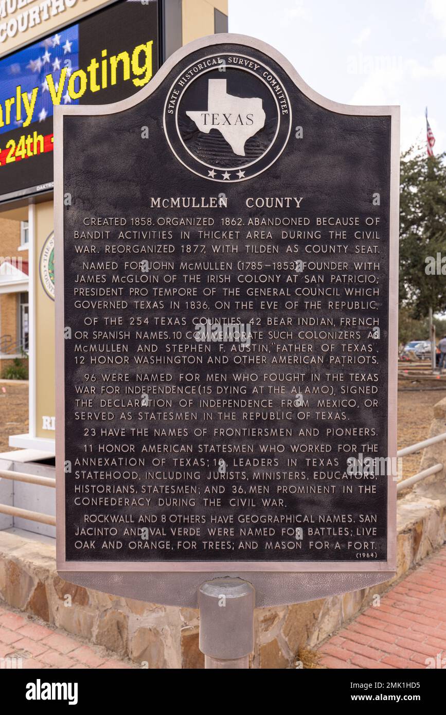 Tilden, Texas, USA - October 14, 2022: Plaque tells the history of McMullen County Stock Photo ...