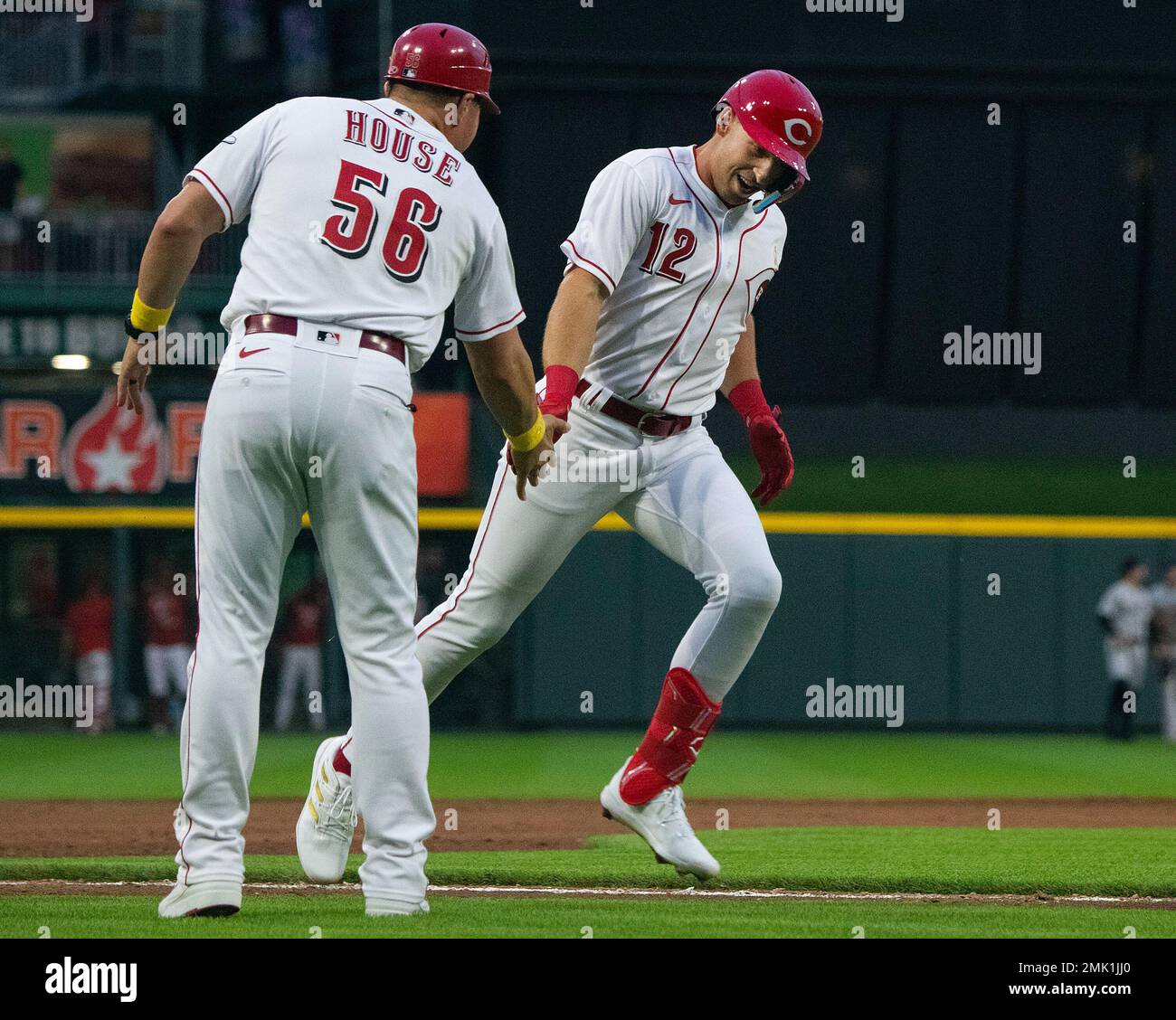 Reds rookie Spencer Steer rounds third following his first major league ...