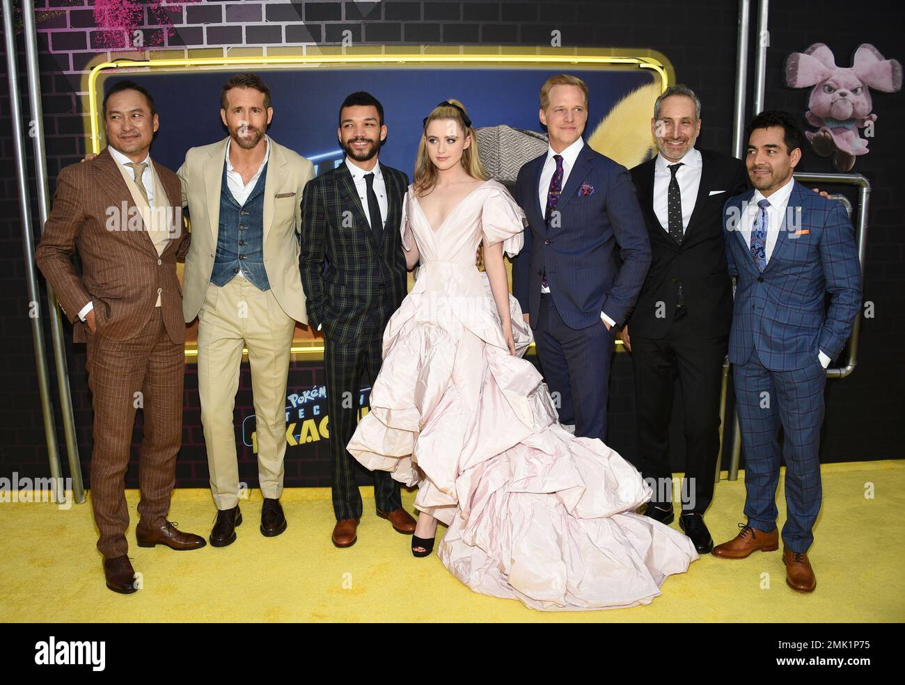 Actors Ken Watanabe, left, Ryan Reynolds, Justice Smith, Kathryn Newton ...