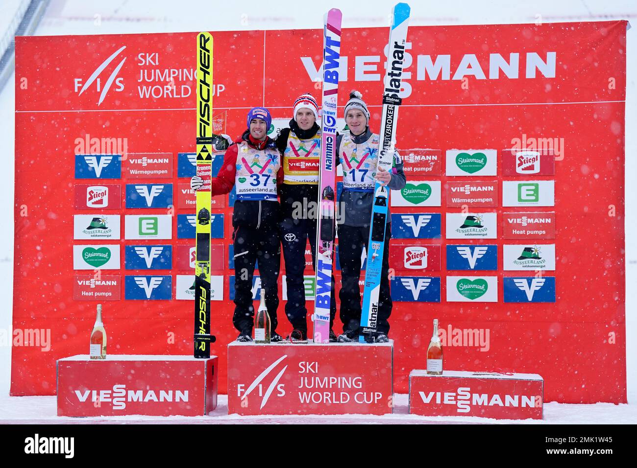 Second placed Stefan Kraft, of Austria, winner Halvor Egner Granerud ...