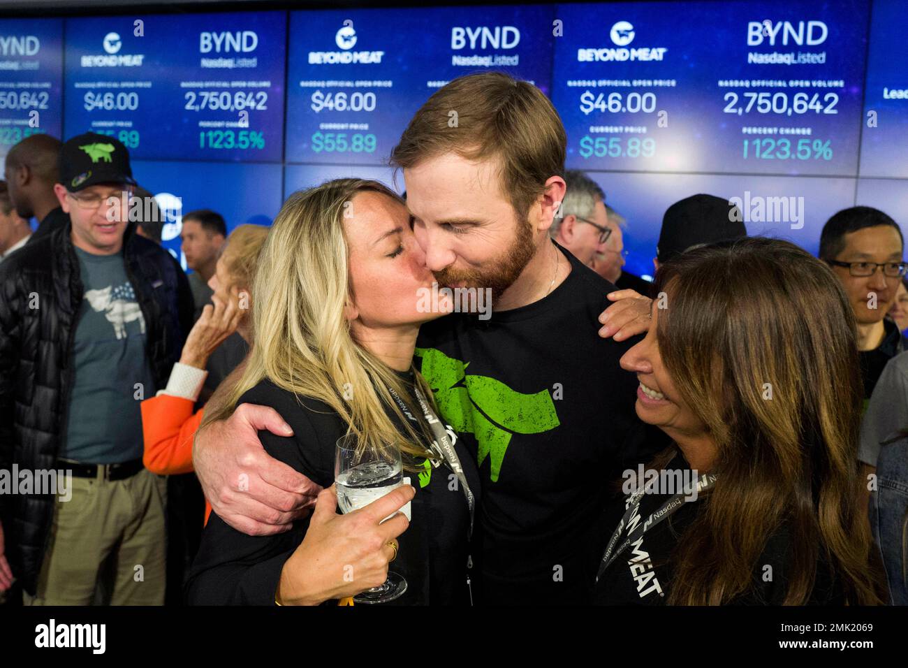 Tracy Brown kisses her husband, Ethan Brown, CEO of Beyond Meat, after his company's stock ...