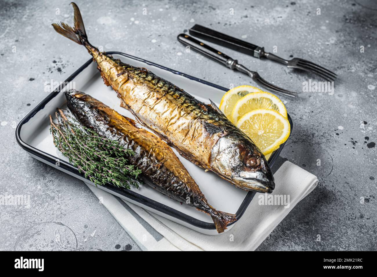 Roasted Mackerel Scomber fish in baking dish. Gray background. Top view ...