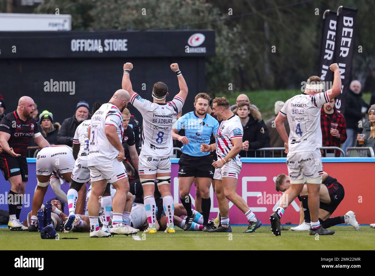 Bristol's Harry Thacker scores a try as Magnus Bradbury, James Williams ...