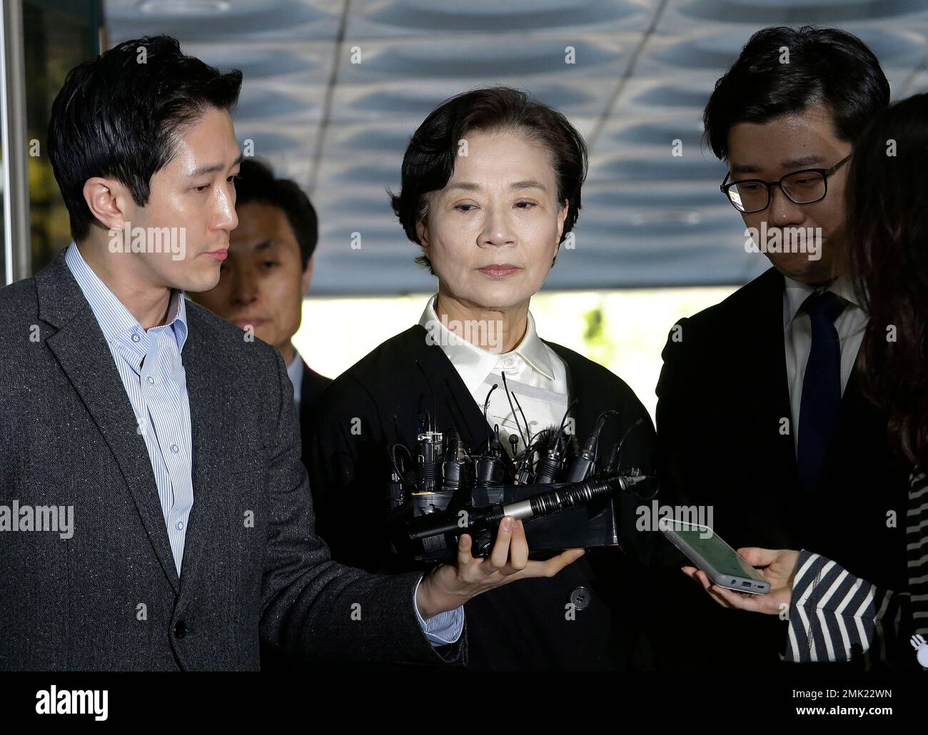 Lee Myung-hee, wife of the late Korean Air President Cho Yang-ho, center, arrives at the Seoul ...