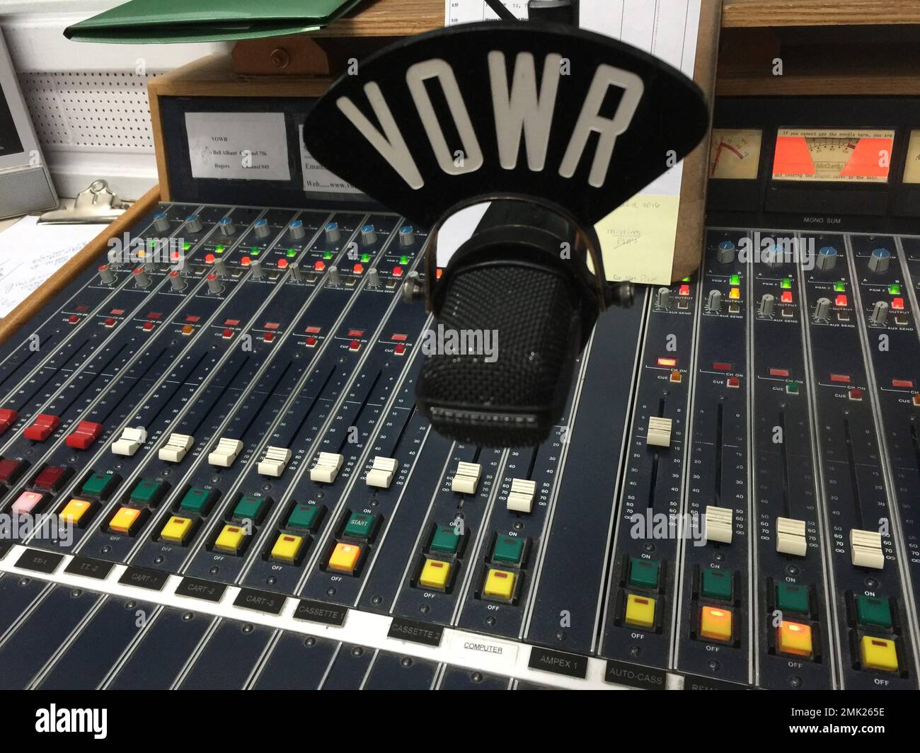A VOWR radio microphone is shown in a photo from a 2017 station tour ...