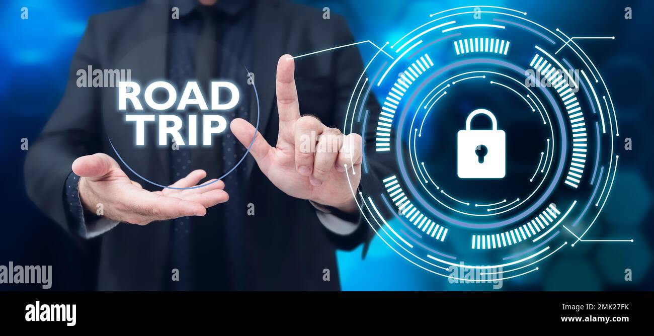 Text caption presenting Road Trip. Internet Concept Roaming around ...