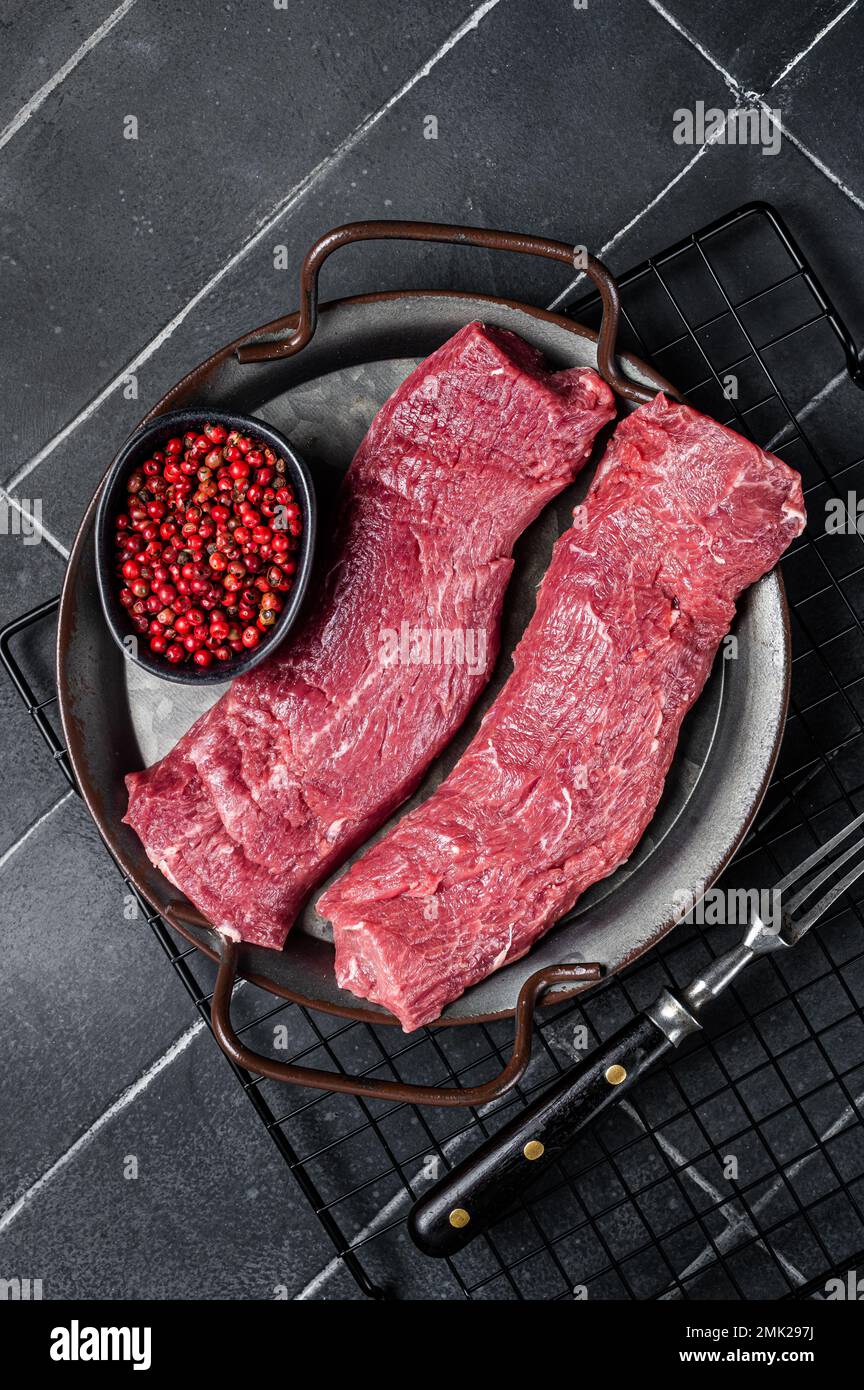Raw lamb tenderloin Fillet, Mutton Sirloin Meat. Black background. Top ...
