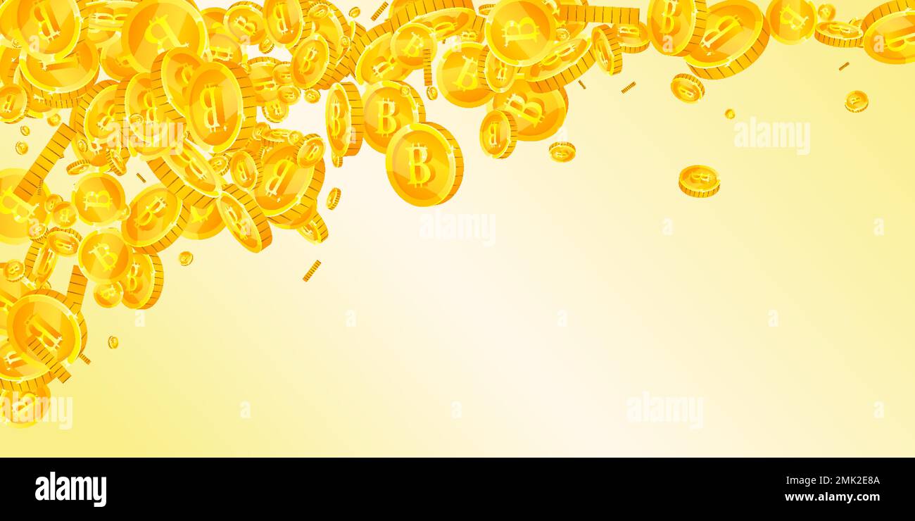 Bitcoin coins falling. Cryptocurrency scattered gold BTC coins ...