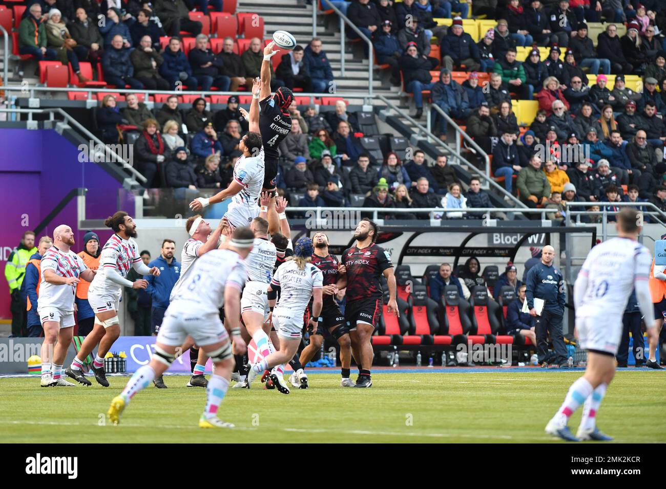 London, UK. 28th Jan, 2023. Andrew Kitchener of Saracens collects the ...