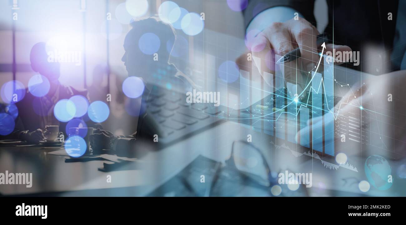 Businessman working with modern computer calculator virtual dashboard ...