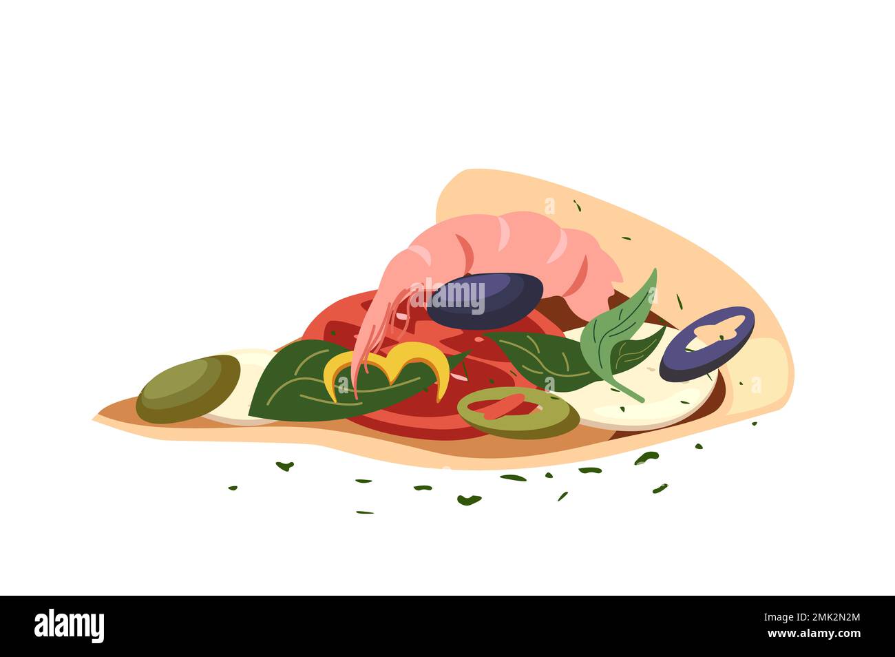 Italian seafood pizza segment with shrimps, black olives, pepper slices ...