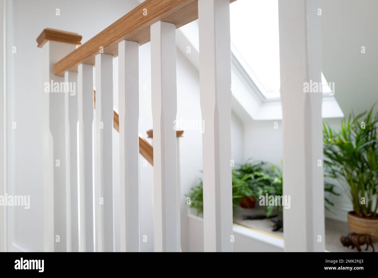 Shallow focus of the wooden texture of a first floor stairwell ...