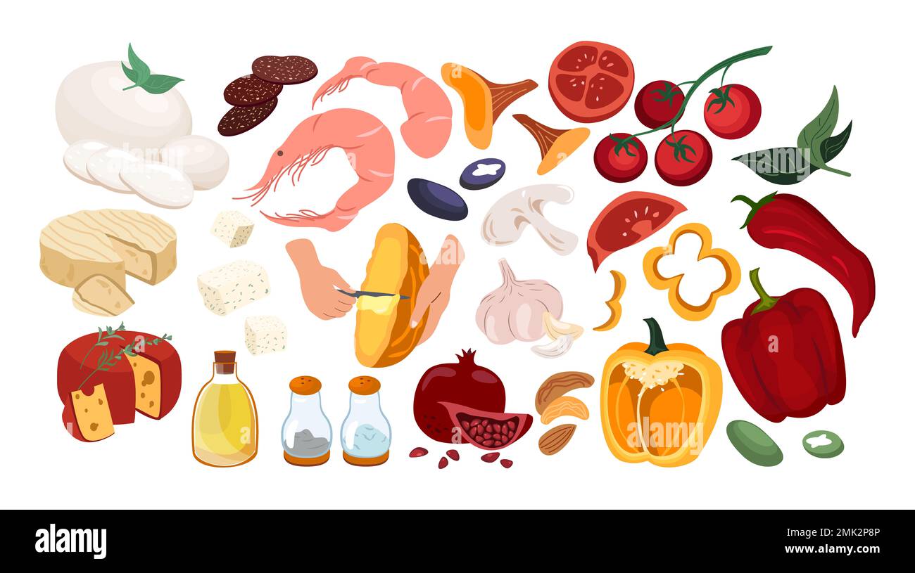 Pizza ingredients vector illustrations set. Mushrooms,seafood,Spices ...