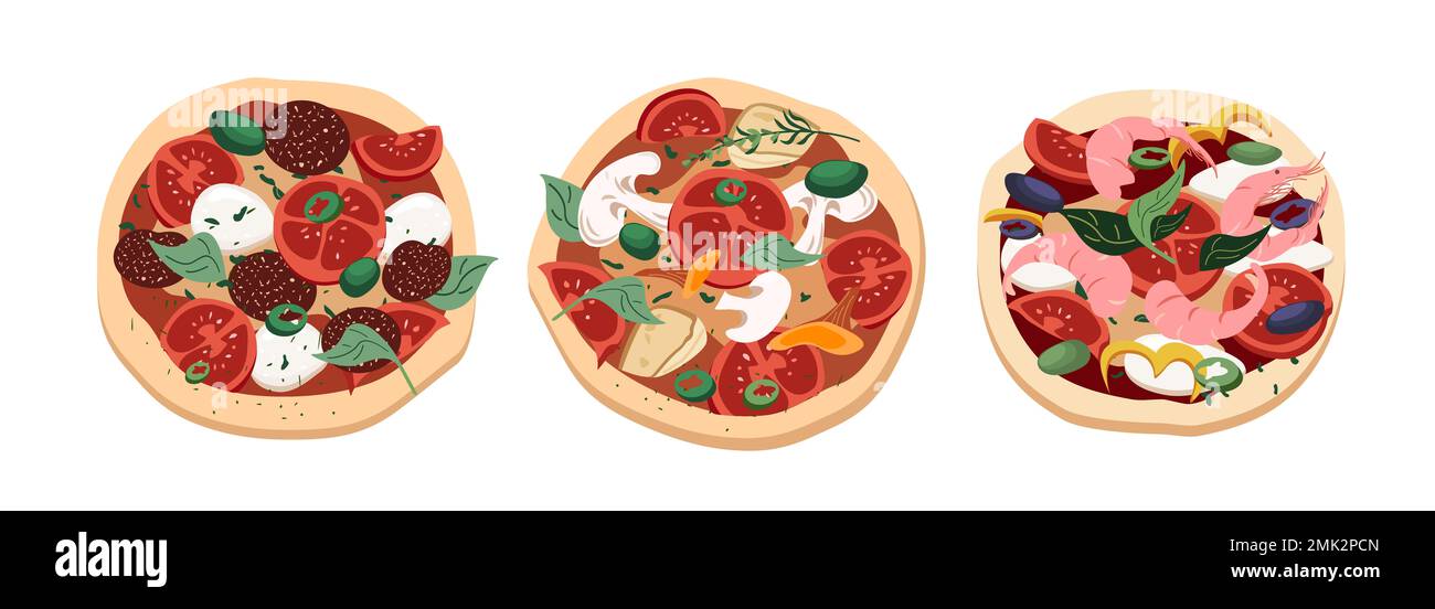 Set of different whole pizzas with pepperoni,salami, mushrooms ...