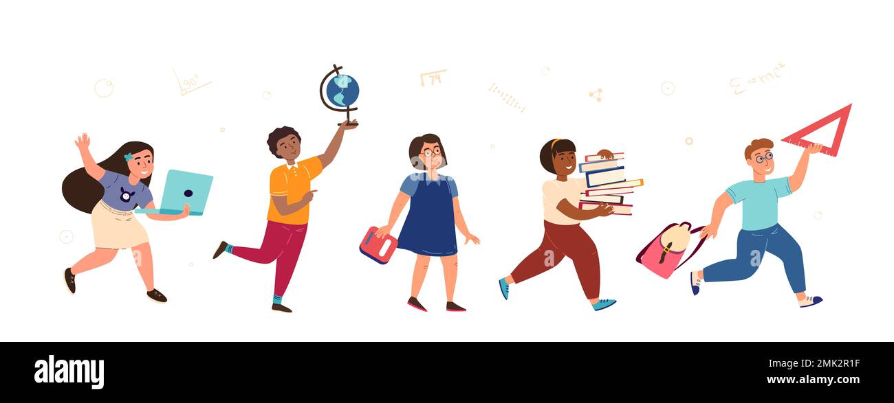 Group of cute happy children or pupils isolated on white background ...