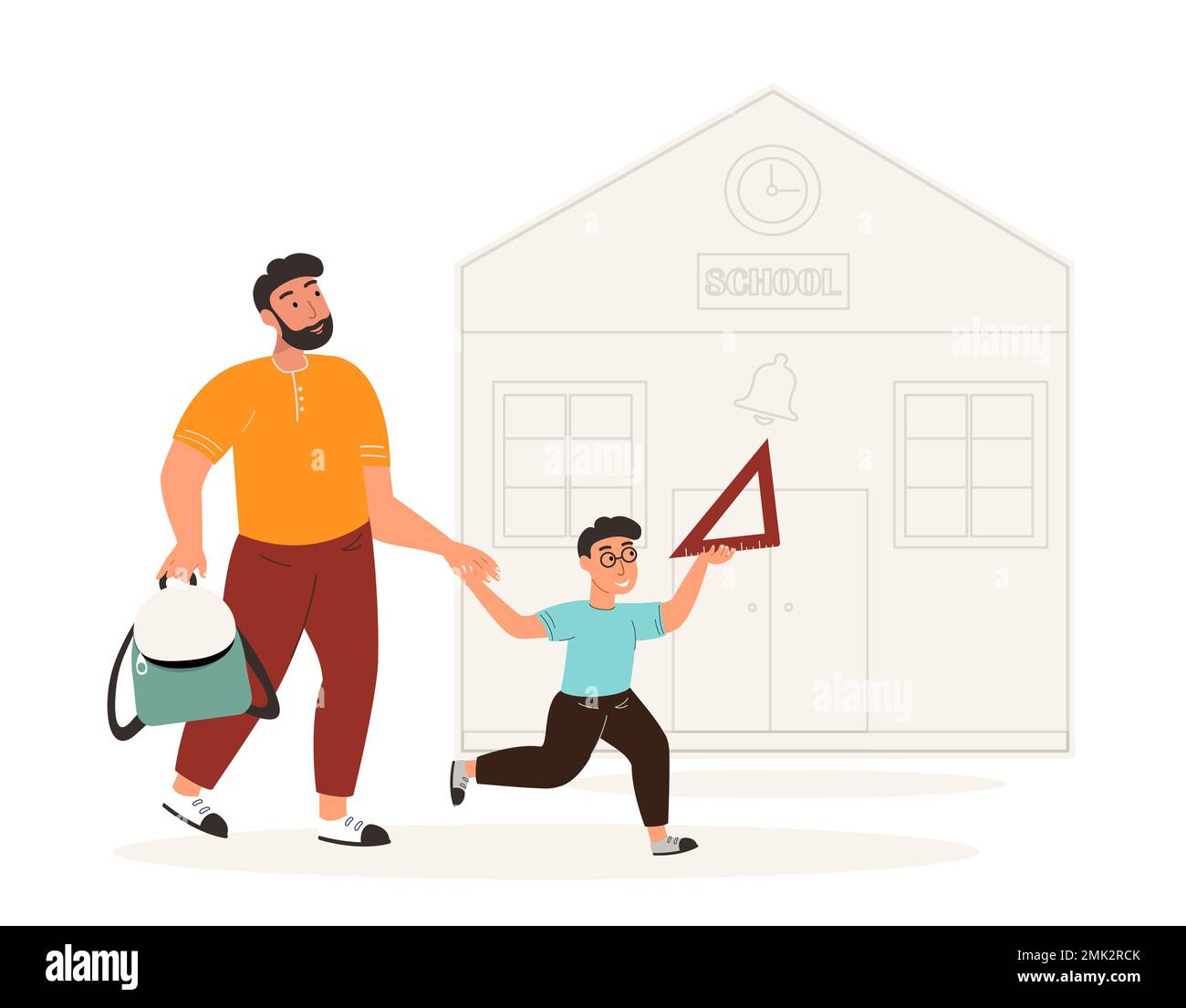 Back to School.Father and Son Boy go to the 1st school day.Parent ...