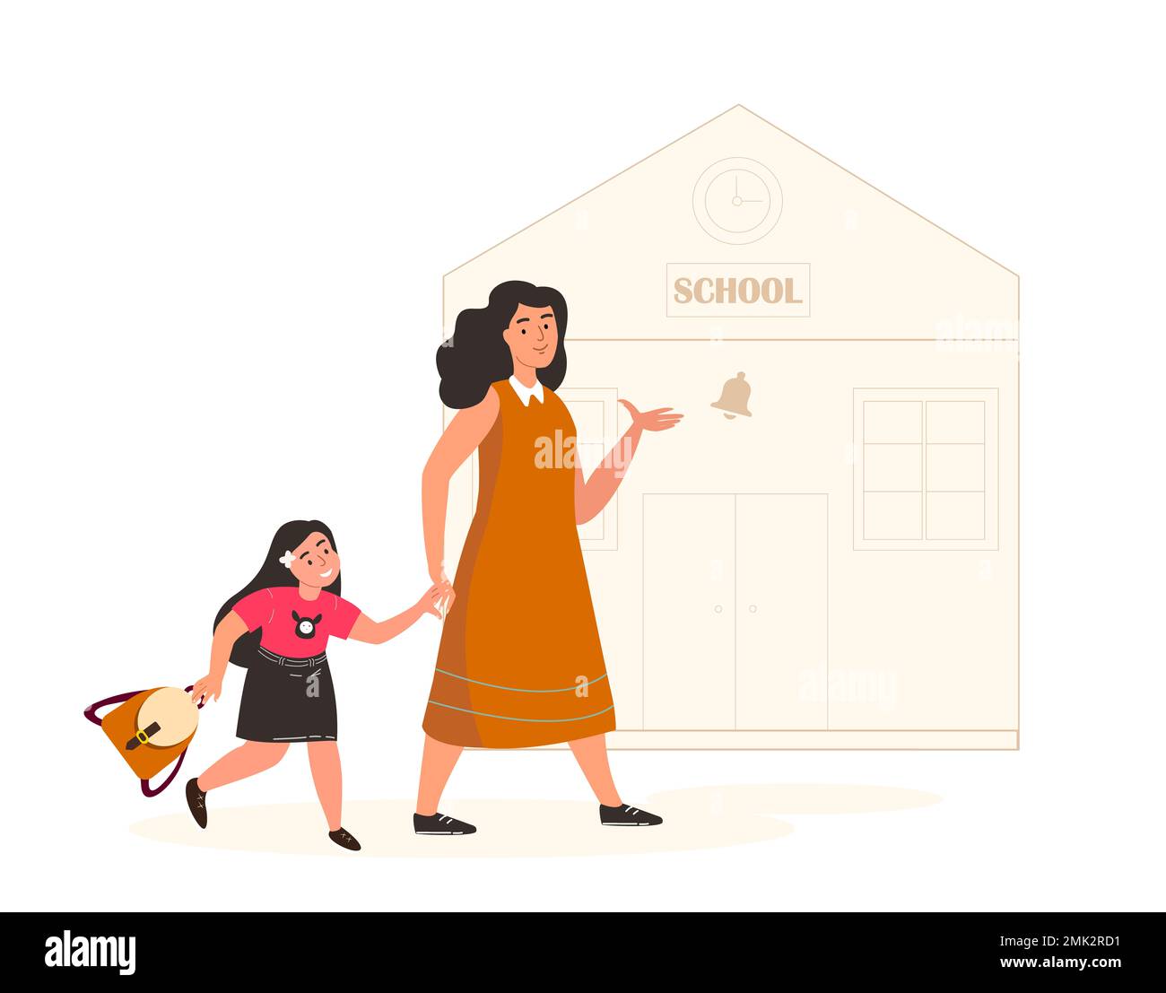 Back to School.Mother and Daughter Girl going to the 1st school day.Parent Support Kid.Happy ...