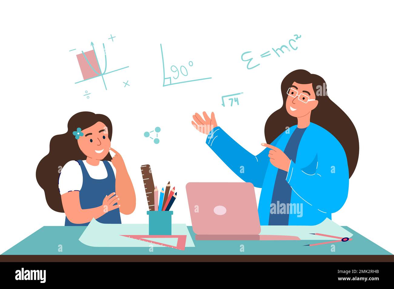 Young teacher Tutor explaining to Girl Kid new math formulas in School ...