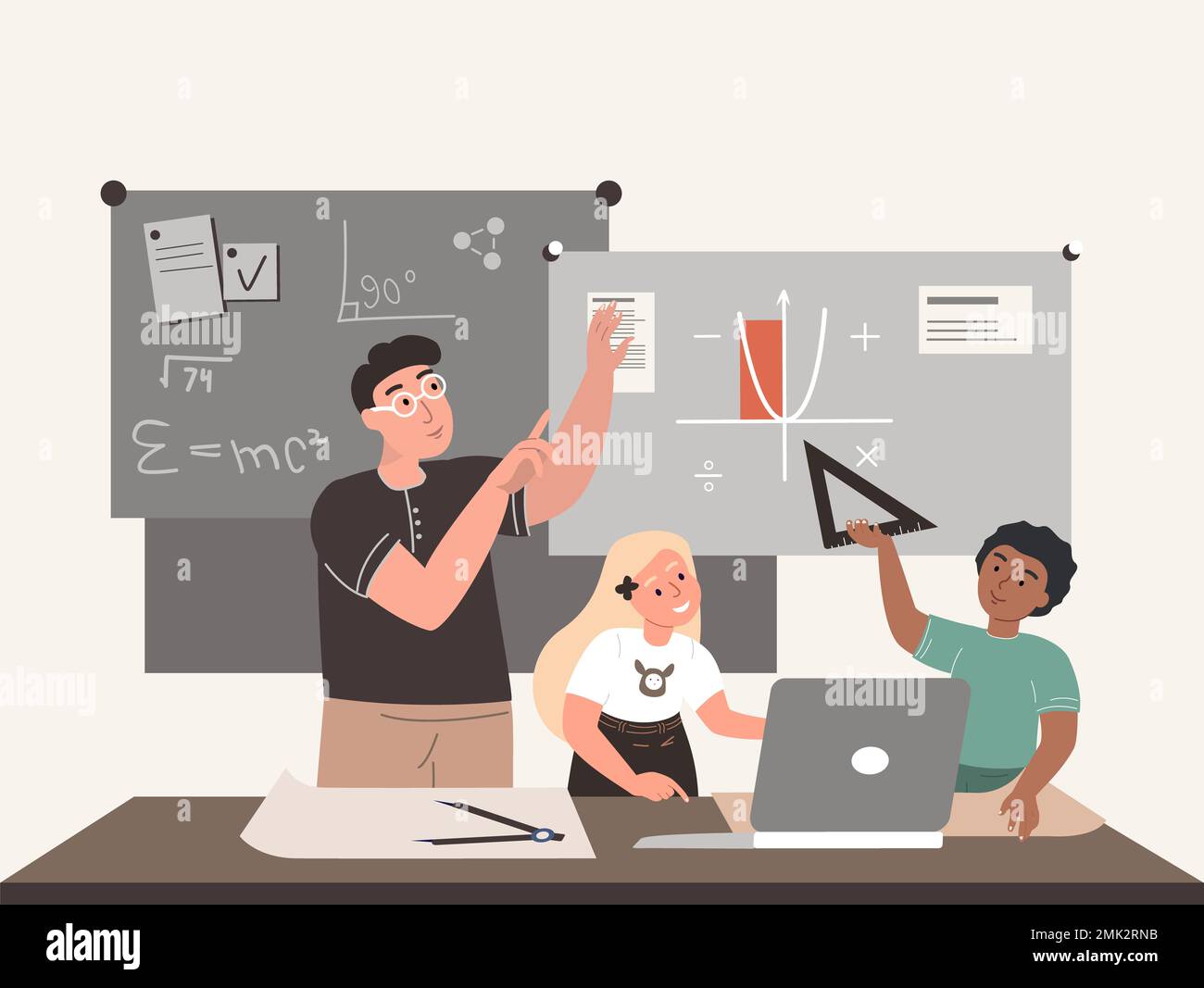 Young teacher explaining to Kids new math formula at chalkboard in ...