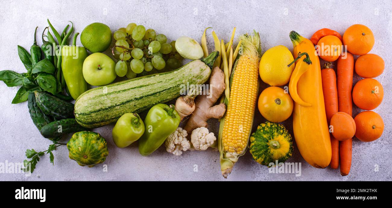 Assortment of rainbow color vegetables and fruits Stock Photo - Alamy