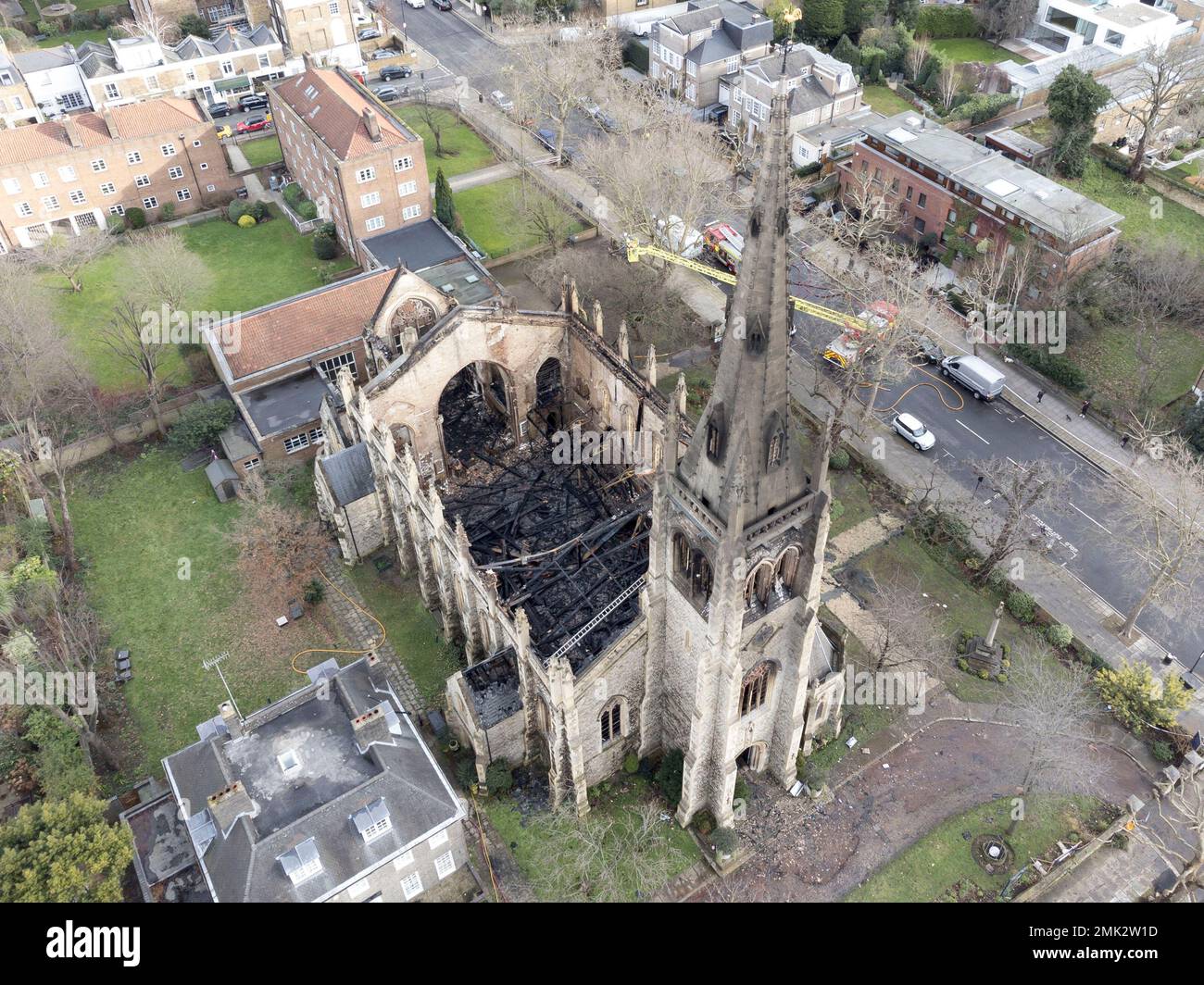 An aerial view of St. Mark’s Church around St. John’s Wood this afternoon, after a massive fire ...