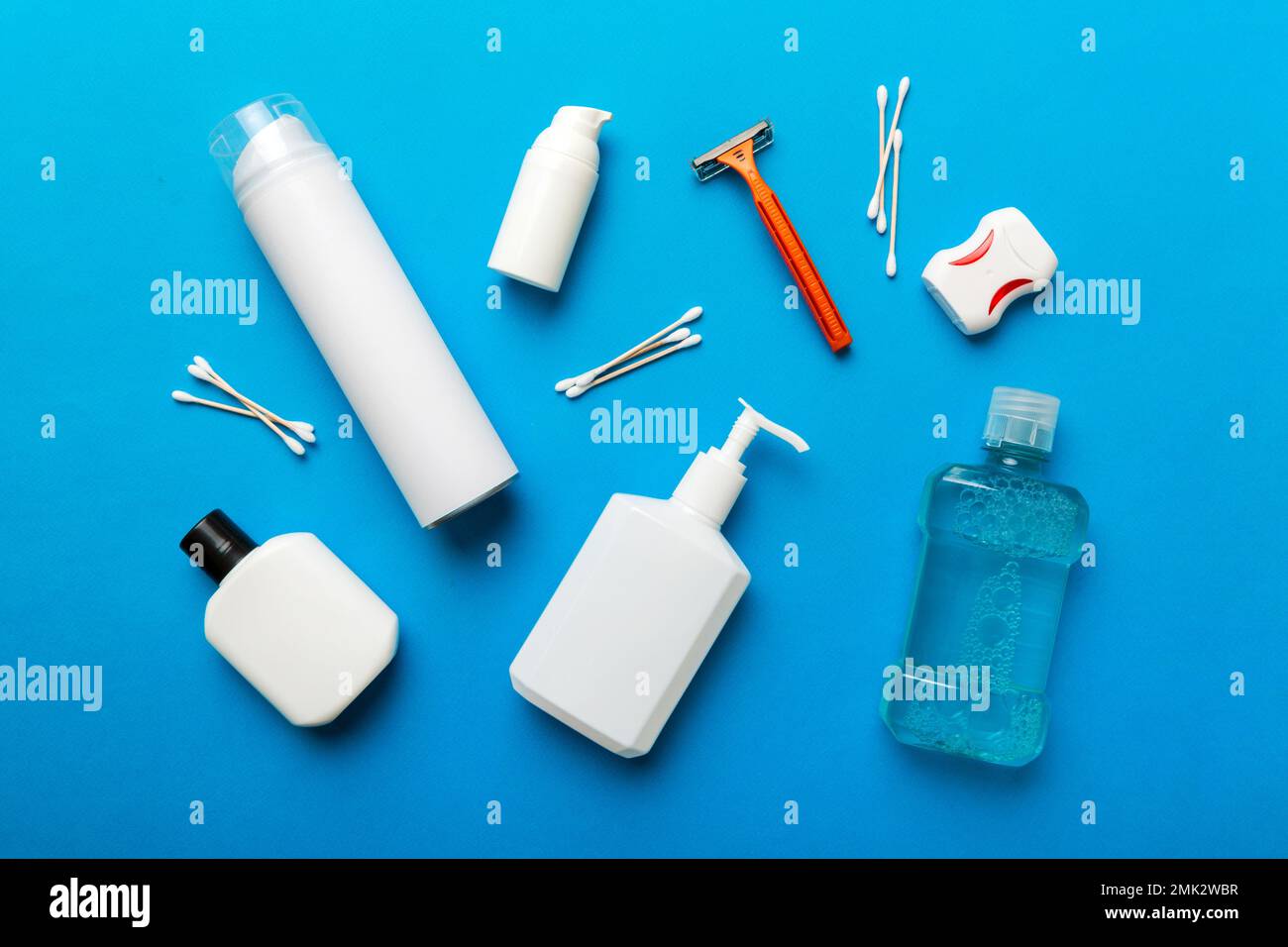 Mockup for bathing products top view flat lay, spa razor, toothpaste ...