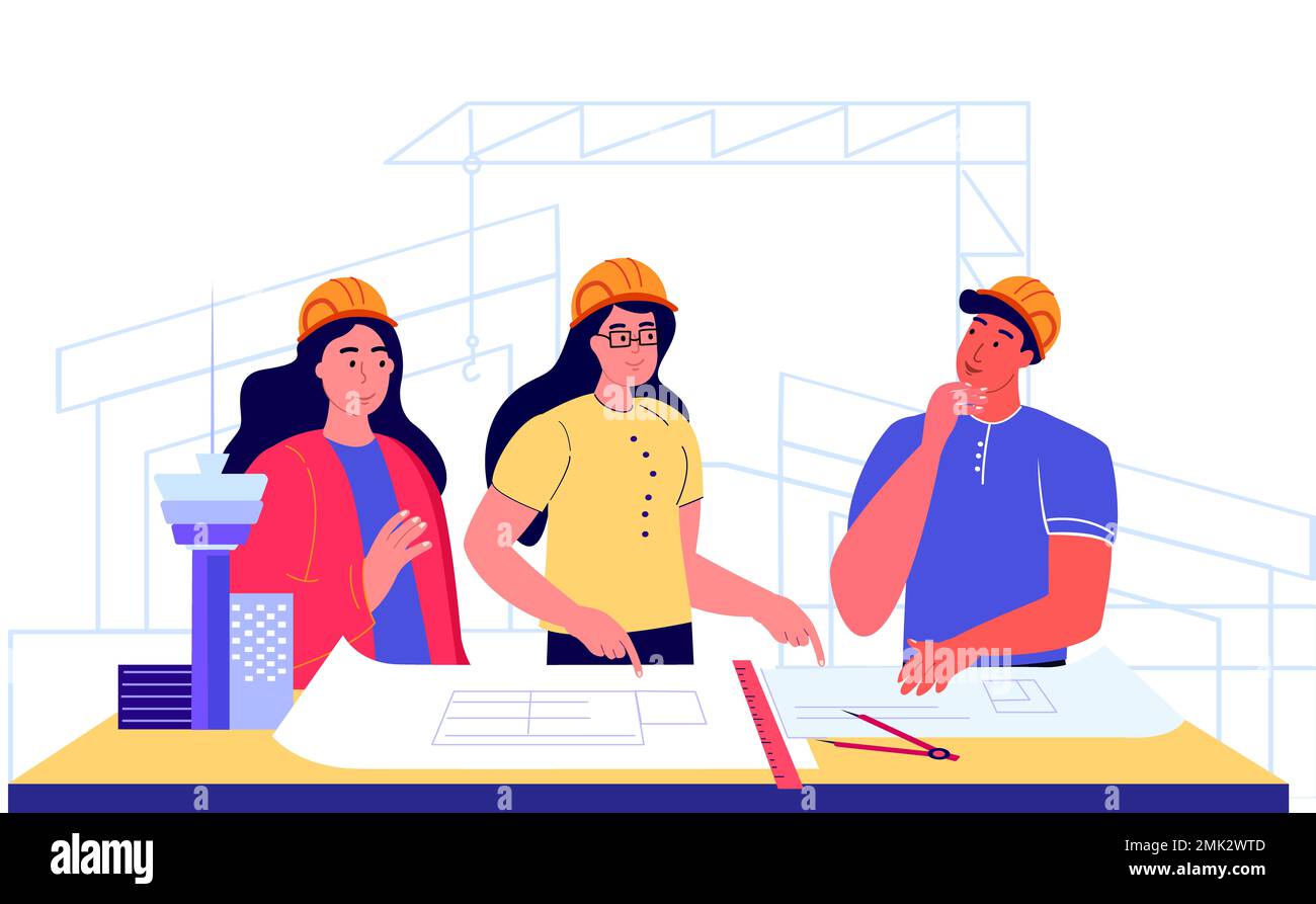 Construction engineer showing apartment layouts for builders. People ...