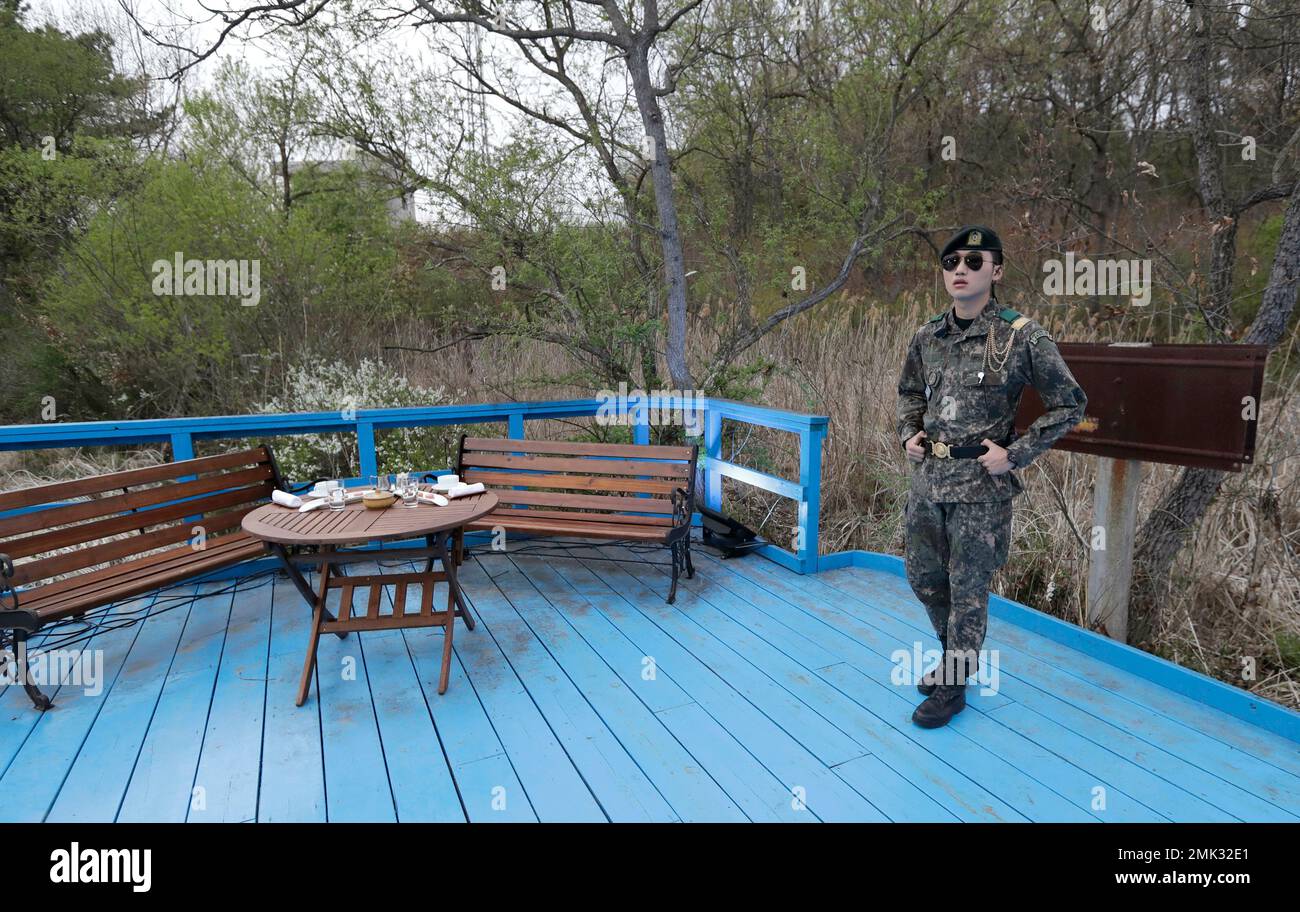 A South Korean soldier stands on the blue bridge ahead of a ceremony to ...
