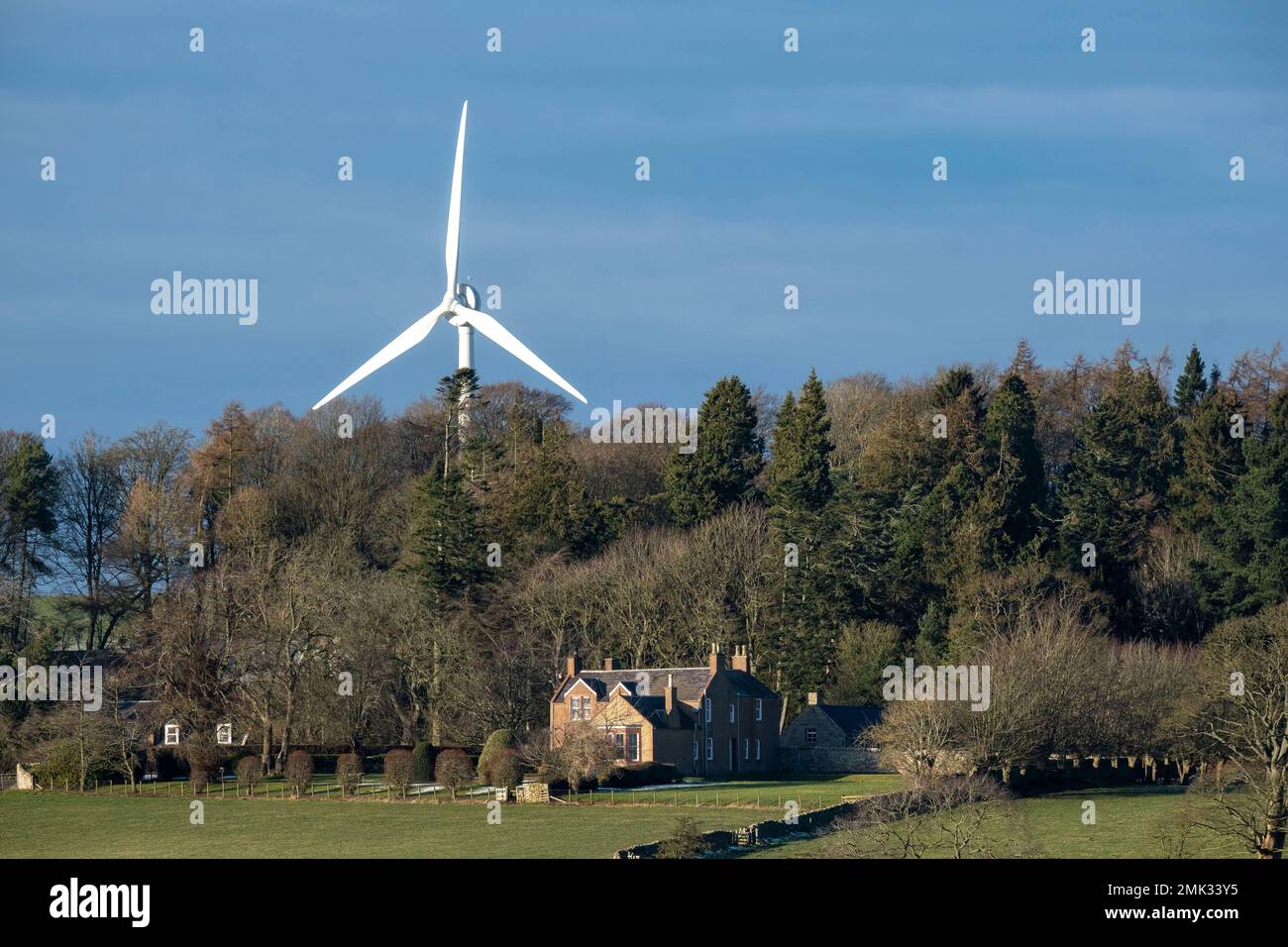 Wind turbine and farmhouse, near Gordon, Scottish Borders, Scotland ...