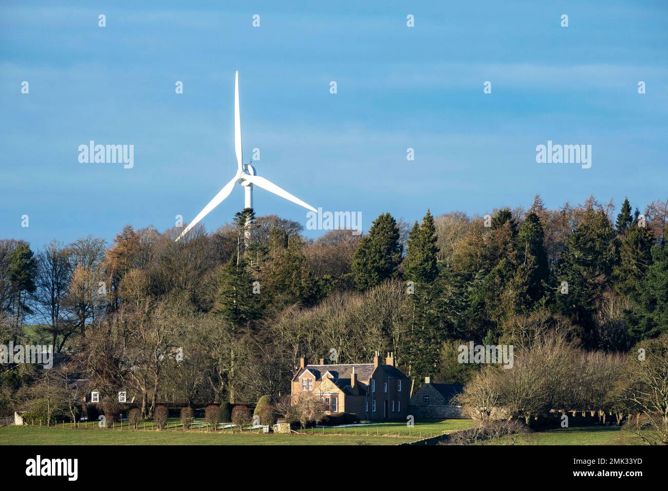 Wind turbine and farmhouse, near Gordon, Scottish Borders, Scotland ...