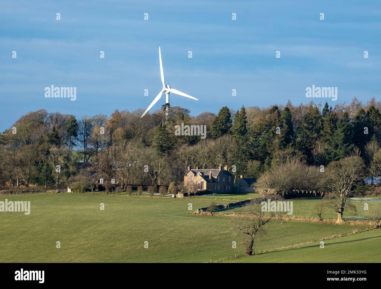 Wind turbine and farmhouse, near Gordon, Scottish Borders, Scotland ...