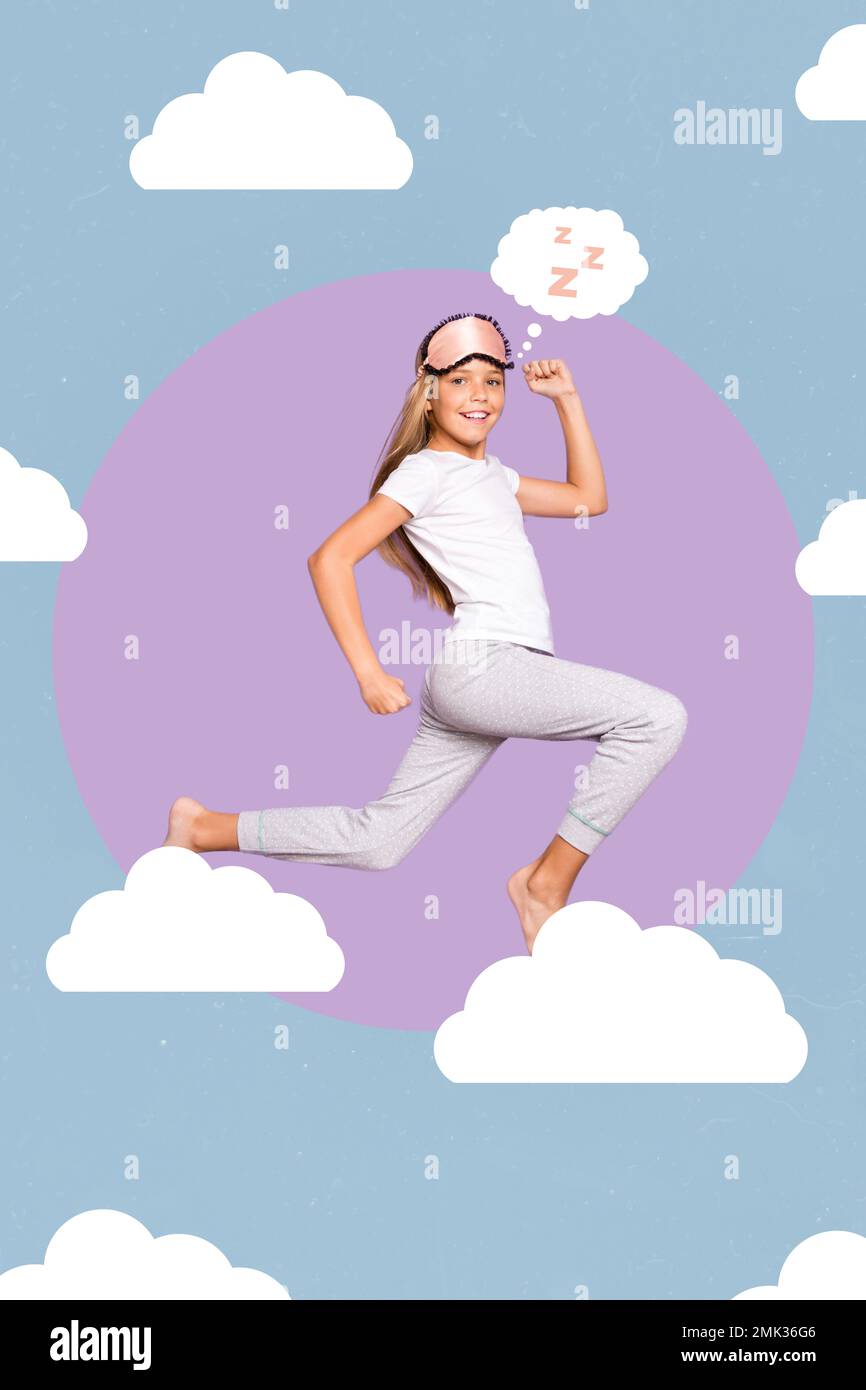Vertical collage picture of cheerful little girl sleep walking running ...