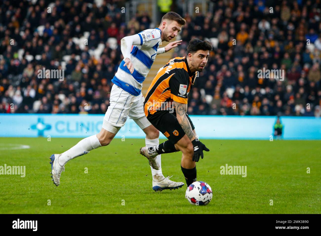 Ozan Tufan #7 of Hull City and Sam Field #15 of QPR during the Sky Bet ...