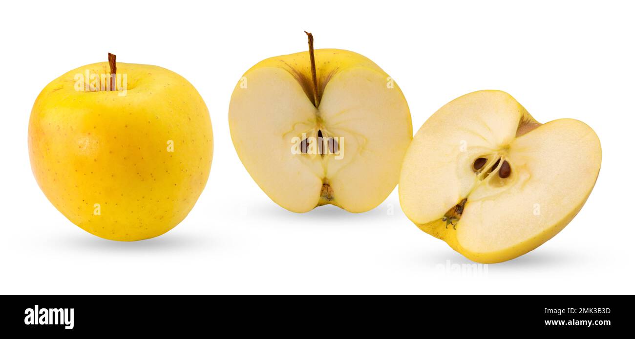 Whole Golden Delicious apple with apple cut in half isolated on white ...