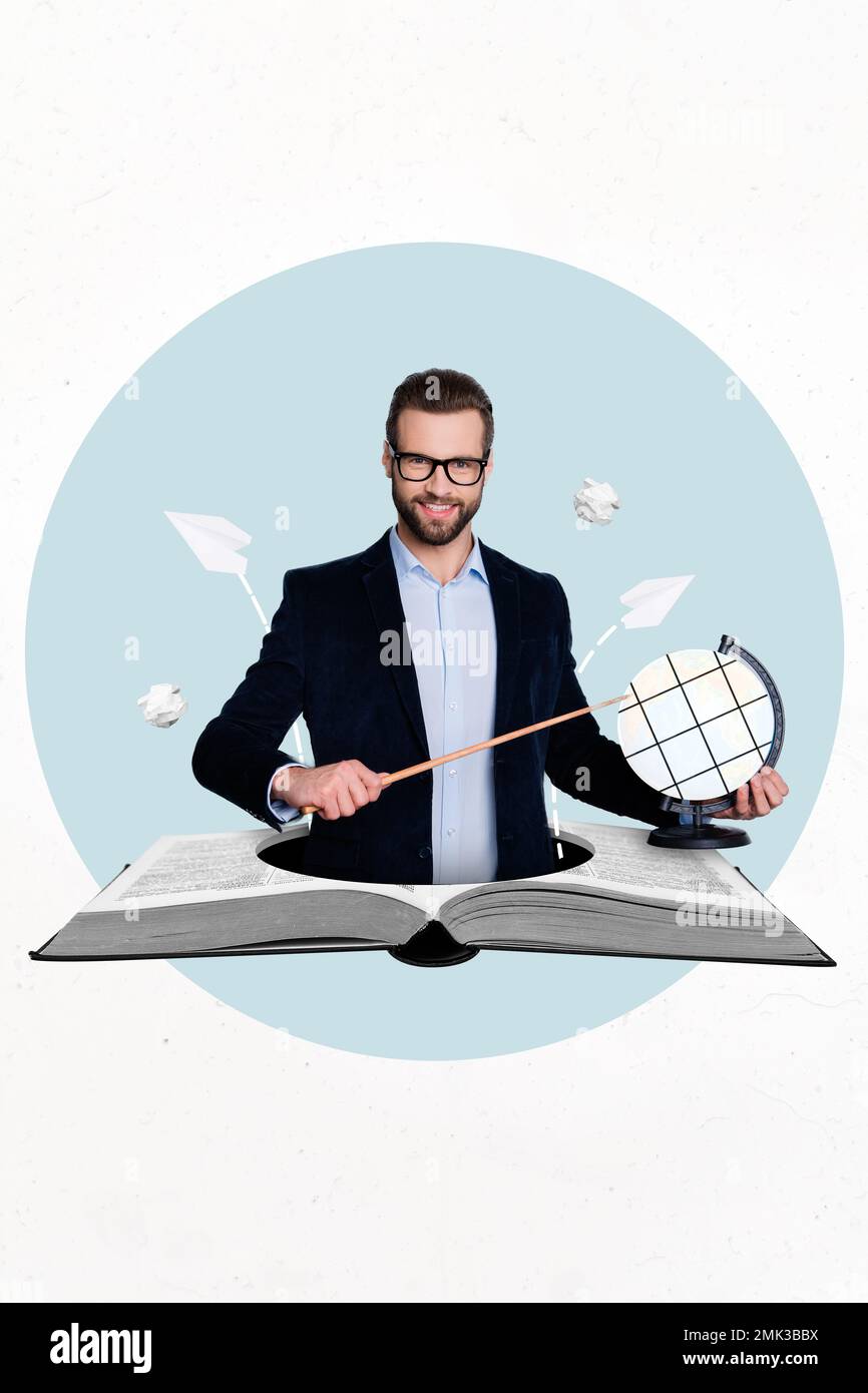 Vertical collage picture of positive intelligent teacher inside opened ...