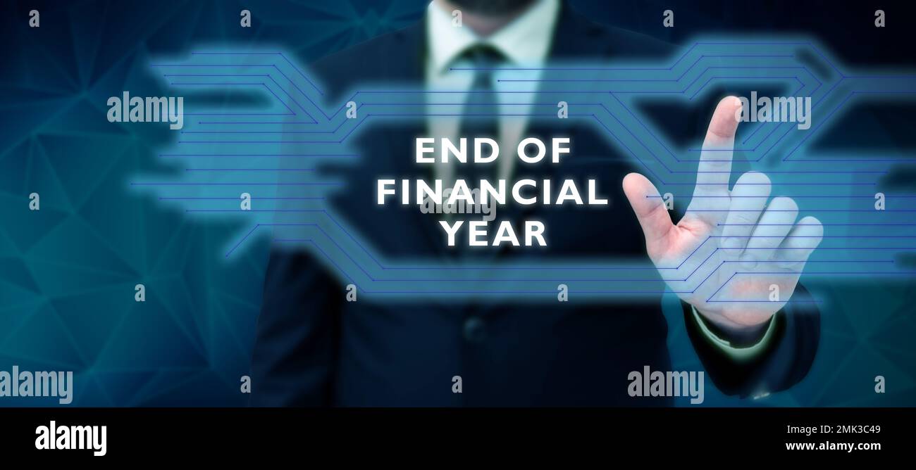 Text caption presenting End Of Financial Year. Business overview Revise ...