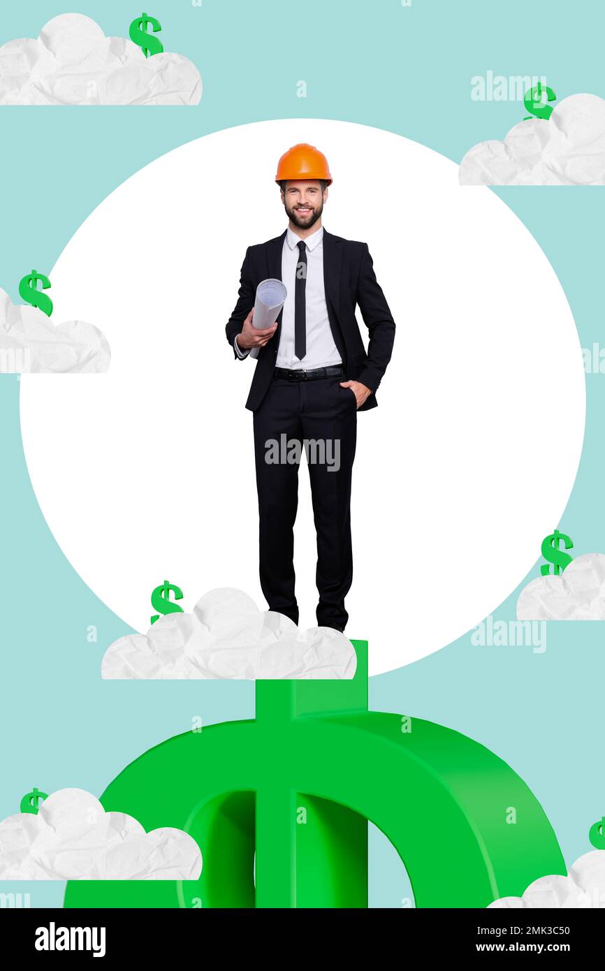 Vertical collage picture of positive construction project boss hold ...