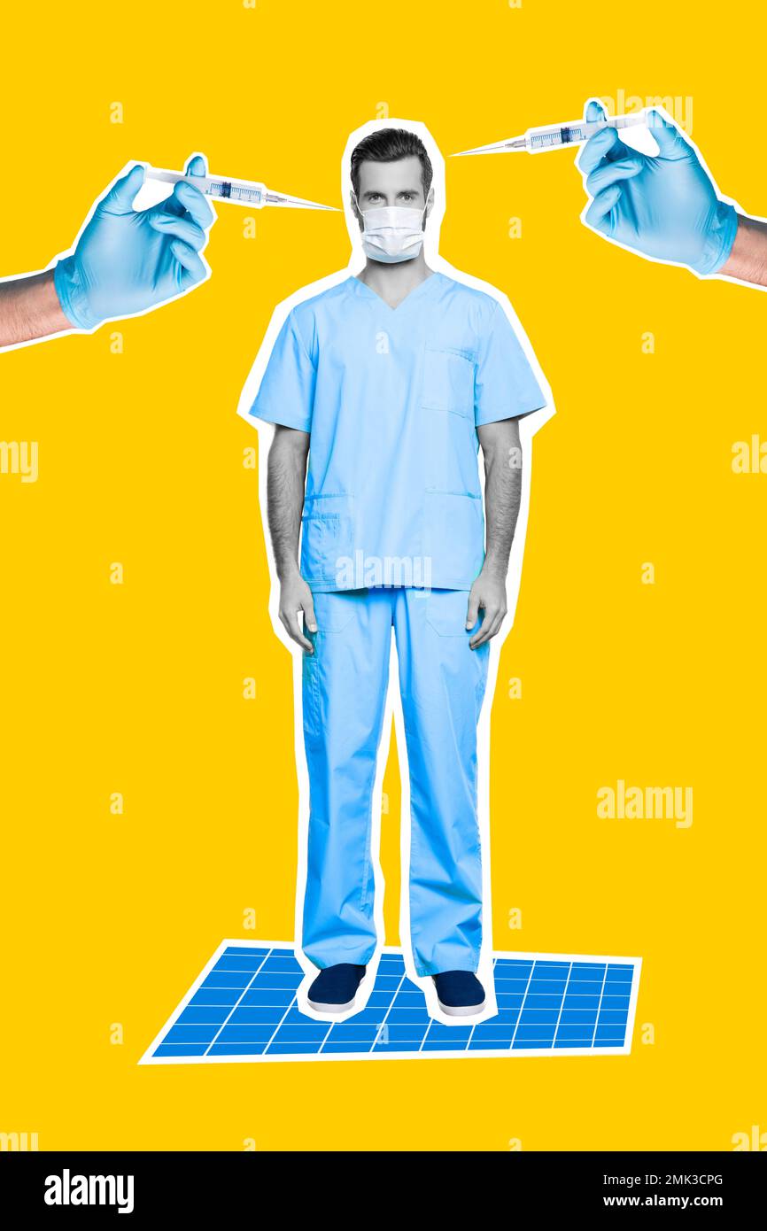 Vertical collage picture of two arms gloves hold vaccine syringe mini ...