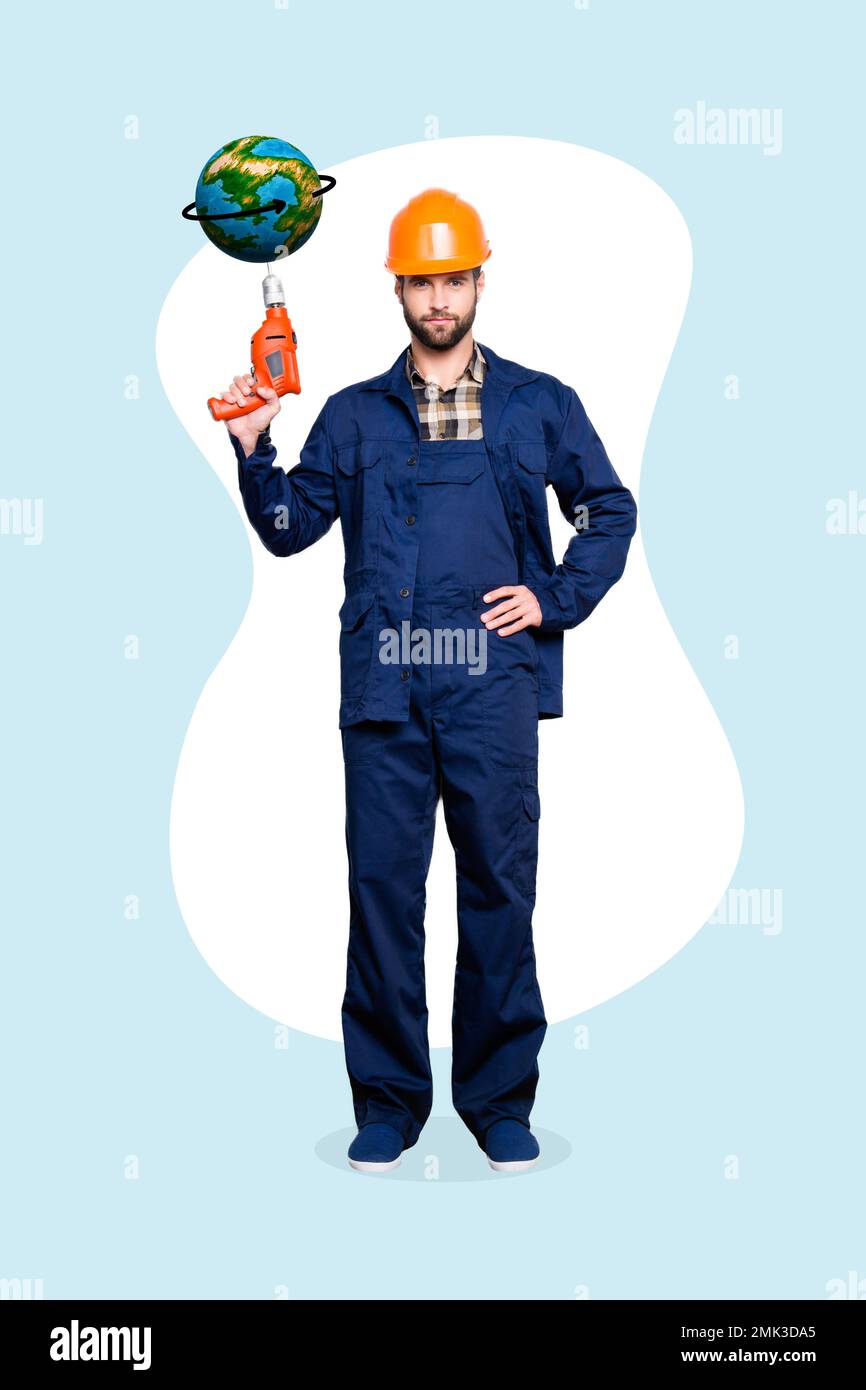 Vertical collage picture of construction worker hand hold drill mini ...