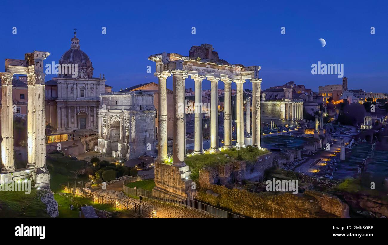 Roman Forum by night with moon - Rome Stock Photo - Alamy