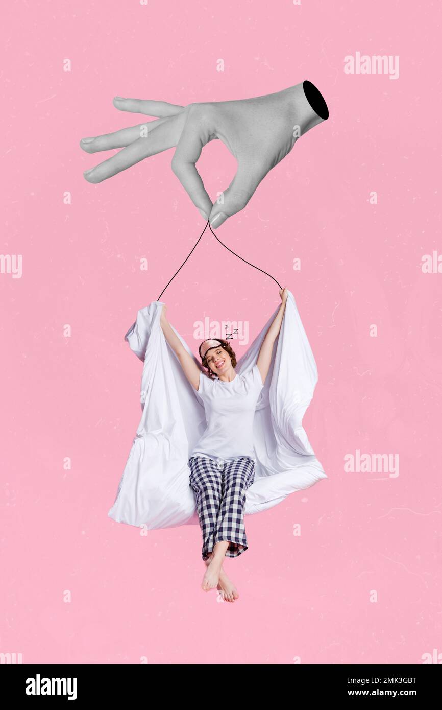 Vertical collage image of black white hand fingers hold strings hanging ...