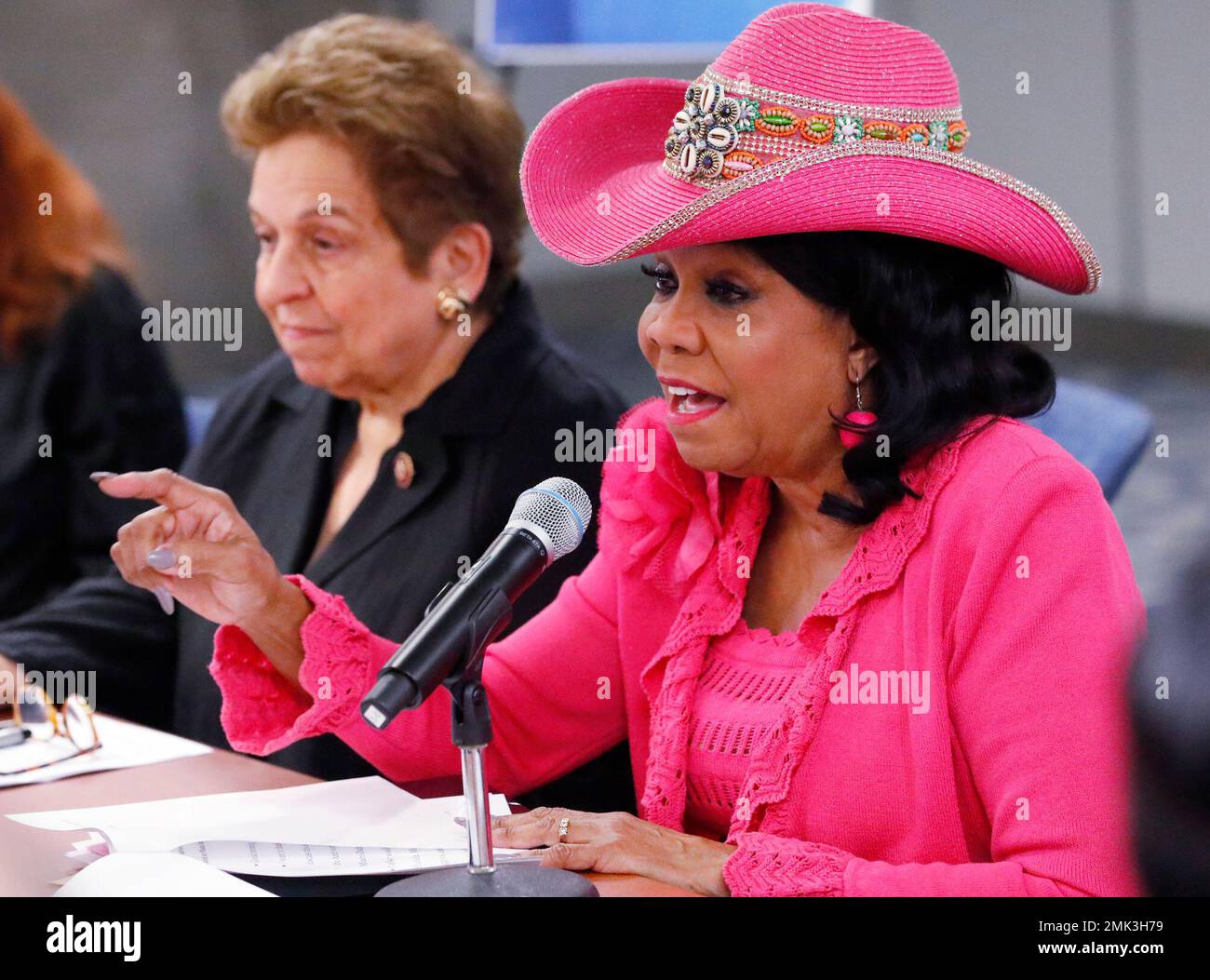 Rep. Frederica Wilson, D-Fla., gestures as she speaks during a round ...