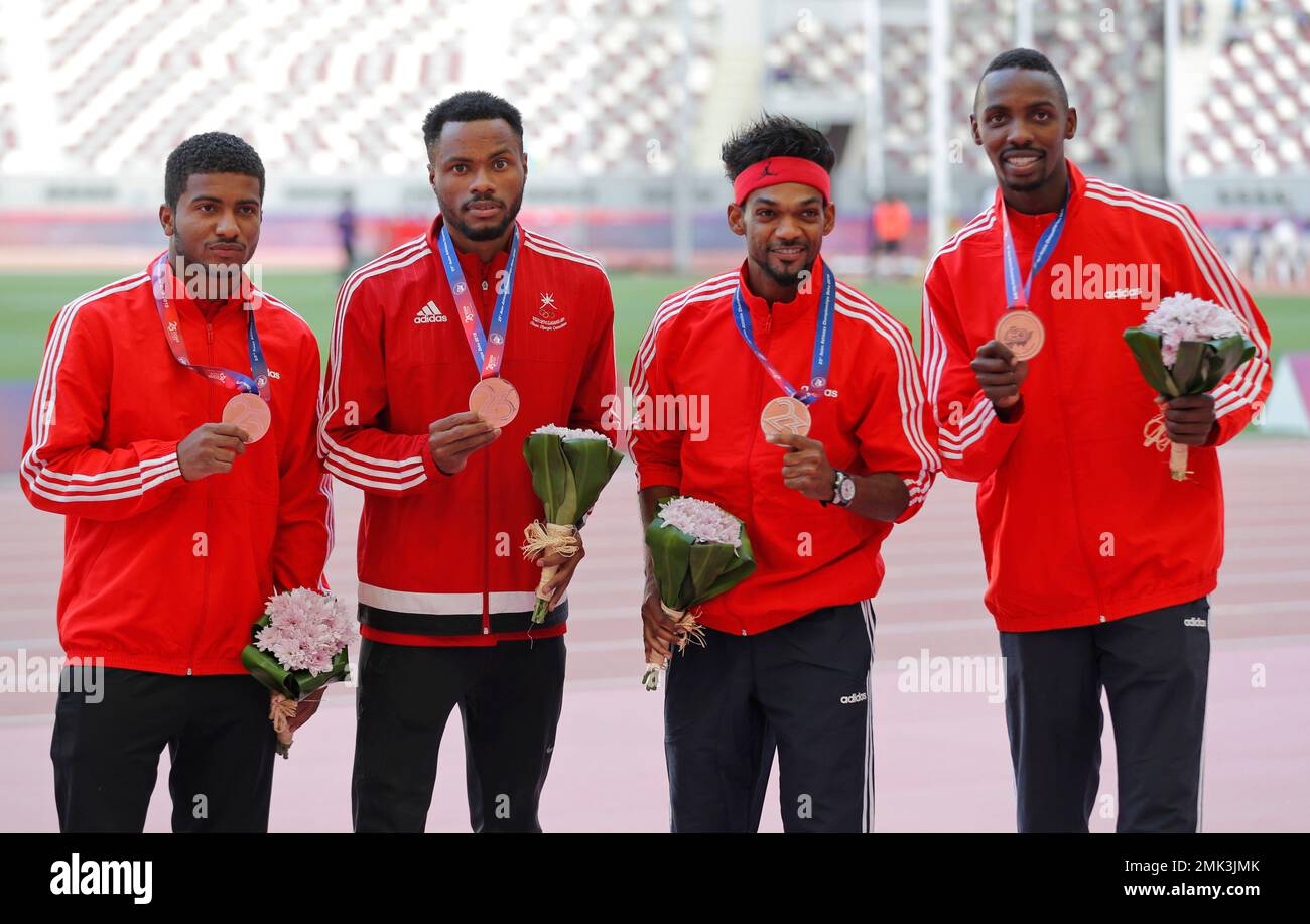 Team Oman celebrates with their bronze medals for the men's 4x100 relay ...